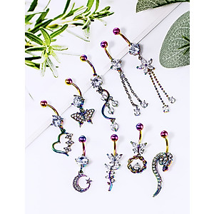 Vsnnsns 14G Belly Button Rings Belly Rings for Women Stainless Steel Butterfly Belly Piercing Jewelry Surgical Steel Dangle Belly Button Rings Curved Navel Ring Barbell Body Jewelry Piercing Rainbow