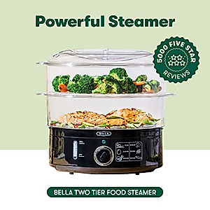 BELLA Two Tier Food Steamer, Healthy, Fast Simultaneous Cooking, Stackable Baskets for Vegetables or Meats, Rice/Grains Tray, Auto Shutoff & Boil Dry Protection, 7.4 QT, Black