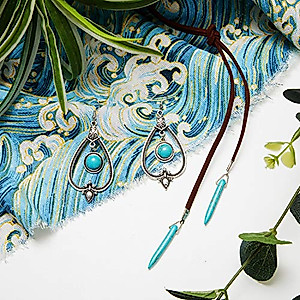 Hicarer Bohemian Turquoise Pendant Long Choker Suede Choker Necklace with Vintage Turquoise Statement Dangle Earrings for Women