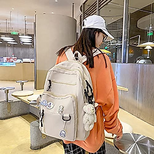 GAXOS Cute Aesthetic Backpack for School Middle Student Travel White Backpack Teens Girls Bear Pin Book Bags