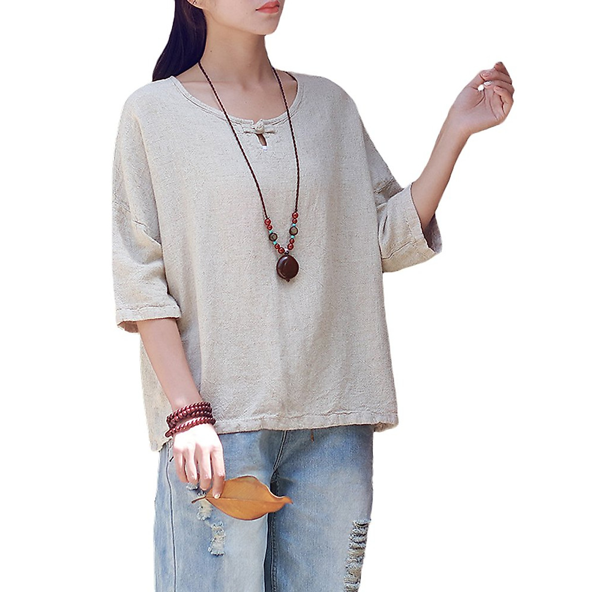 Minibee Women's Elbow Sleeve Linen Tunic Tops Solid Color Retro Blouse Linen L
