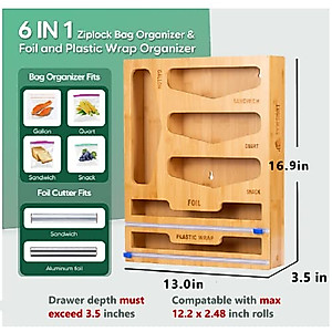 Ziplock Bag Organizer - 6 in 1 Wrap Dispenser with Cutter and Labels, Bamboo Reusable Baggies Dispenser Container, Storage Organizer for Kitchen Drawer, Compatible with Gallon, Quart, Sandwich & Snack