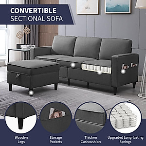 ijuicy Convertible Sectional Sofa Couch, L Shaped Upholstered Couch with Movable Storage Ottoman & Side Pockets, Modern Linen Fabric Couches for Living Room,Apartment,Office (Dark Grey)
