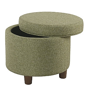 Homepop Home Decor | Upholstered Round Storage Ottoman | Ottoman with Storage for Living Room & Bedroom, Green Tweed