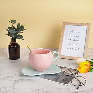 Koythin Ceramic Coffee Mug with Saucer Set, Creative Tulip Cup Unique Irregular Design for Office and Home, Dishwasher and Microwave Safe, Cute Cup for Latte Tea Milk (9.5oz, Pink)