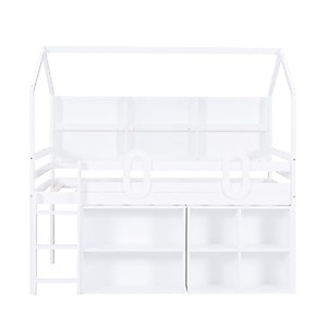 Harper & Bright Designs Twin Size House Loft Bed with Multiple Storage Shelves,Wood Kids Loft Bed with Storage,Twin Playhouse Bed for Boys, Girls, White