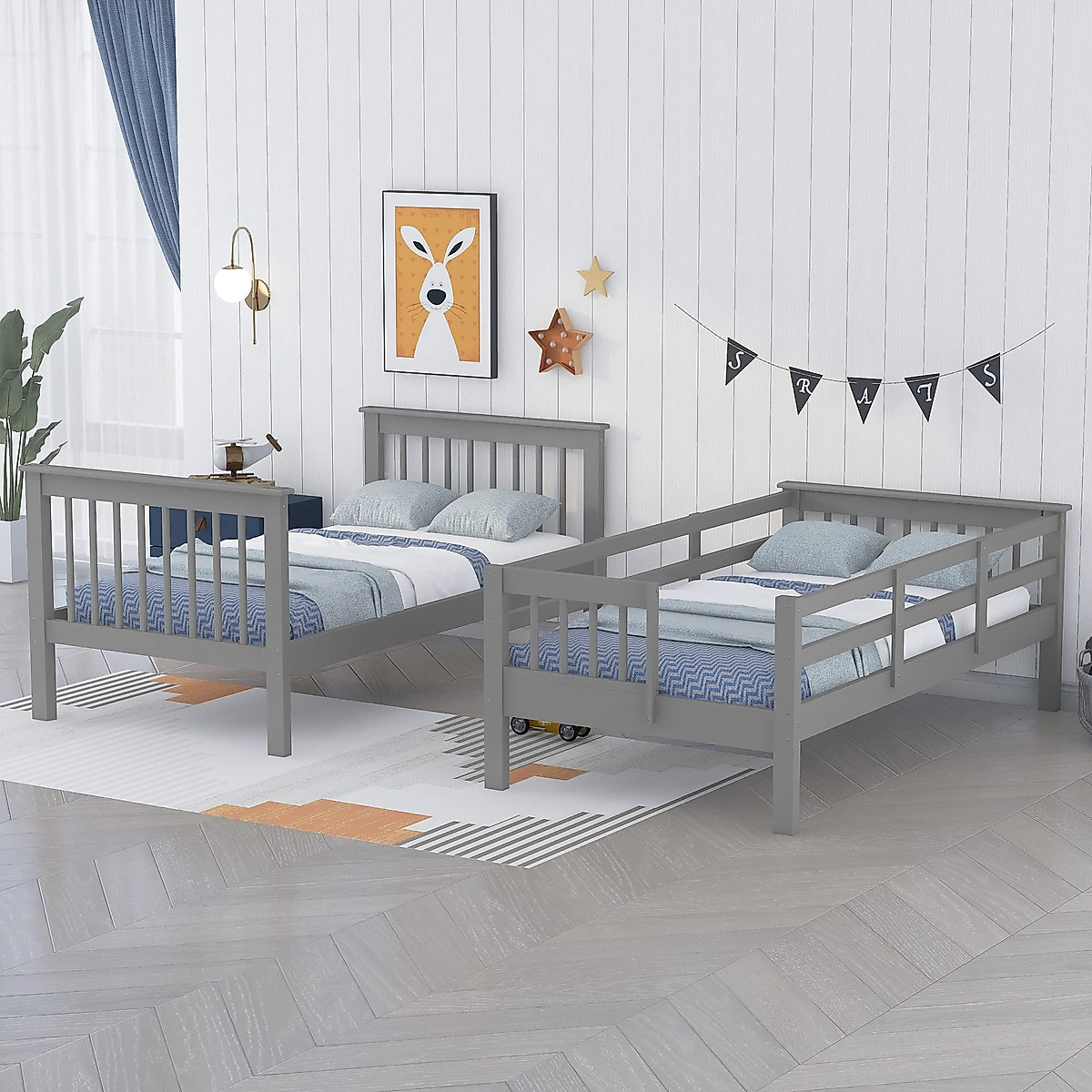 Harper & Bright Designs Bunk Beds Twin Over Twin with Stairs, Wood Bunk Bed Frame with Storage and Guard Rail,Twin Bunk Beds for Kids, Bedroom, Dorm, Teens, Adults,Grey