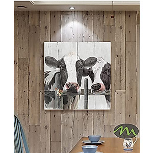 Yelash Couple Cow Pictures Wall Decor, Love Themed Canvas Wall Art Print, Curious Cow Painting Poster, Funny Farm Animal Mural for Bedroom Bathroom and Kitchen Framed (12"x12")