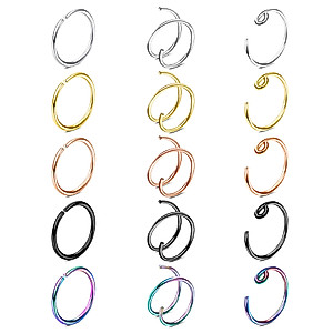 ZELORES 15Pcs 18G Nose Rings Hoops Double Nose Ring For Single Piercing 316l Surgical Steel Spiral Nose Hoop Rings For Women Nostril Piercing Jewelry(8MM)