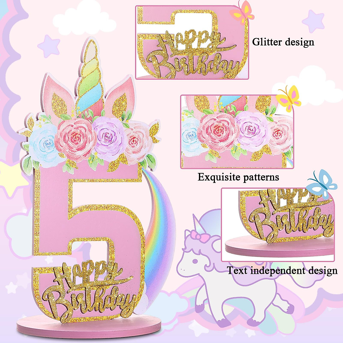 MiniInflat Unicorn 3/5/6th Birthday Number Sign Centerpiece for Girls 11.8 Inch Unicorn Number Wooden Table Decoration Unicorn Party Supplies for Kids Birthday Anniversary((Number 5)