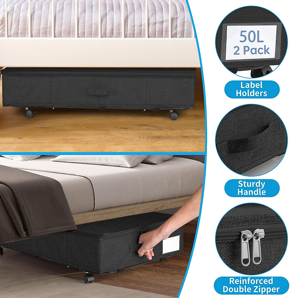 boailydi Under Bed Storage with Wheels & Lid, 2PCS Underbed Storage Container, 29.5 x 15.7 x 8.7 in Tall, Blankets Clothes Comforters Shoe Storage Bag Drawers, Rolling Zippered Organizer Bin -Black