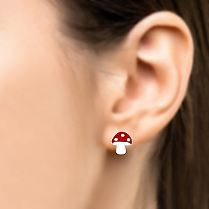 10mm Red Kinoko Mushroom Studs Solid 925 Sterling Silver Push Back Earrings