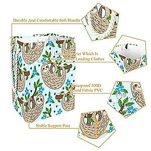Laundry Basket Foldable Laundry Hamper With Handles Detachable Storage Bin, Bathroom Organizer, Children Toy Bins Cute Sloth Hanging On The Tree Blue