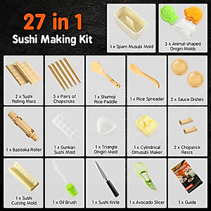 Delamu Sushi Making Kit, 23 in 1 Sushi Maker Bazooker Roller Kit with Bamboo Mats, Chef's Knife, Triangle/Nigiri/Gunkan Sushi Rice Mold, Chopsticks, Sauce Dishes, Rice Spreader, User Guide