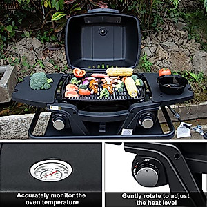 Portable Propane Gas Grill, 2-Burner Portable Gas Grill Small Tabletop Gas Grill, 24000BTU BBQ Outdoor Griddle Gas Grill with Removable Side Tables, Thermometer, Regulator, Gas Hose, Black