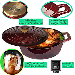 La Cuisine Enameled Cast Iron Oval Dutch Oven Casserole Dish Pot with Lid 6.75 QT Internal Matte Black Enamel Coating for bread baking, Gold-Plated Stainless Steel Lid Handle, Oven Safe up to 500° F. Cranberry