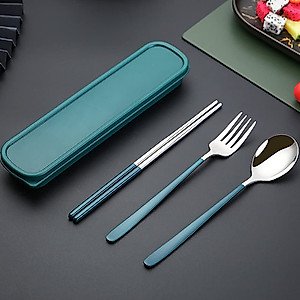 Xihuimay 3pcs Stainless Steel Chopsticks Fork Spoon Set with Travel Case Non-Slip Tabeware Pack Metal Portable Flatware Set Utensils Chinese Japanese Korean for Cooking Eating Dishwasher Safe, Silver