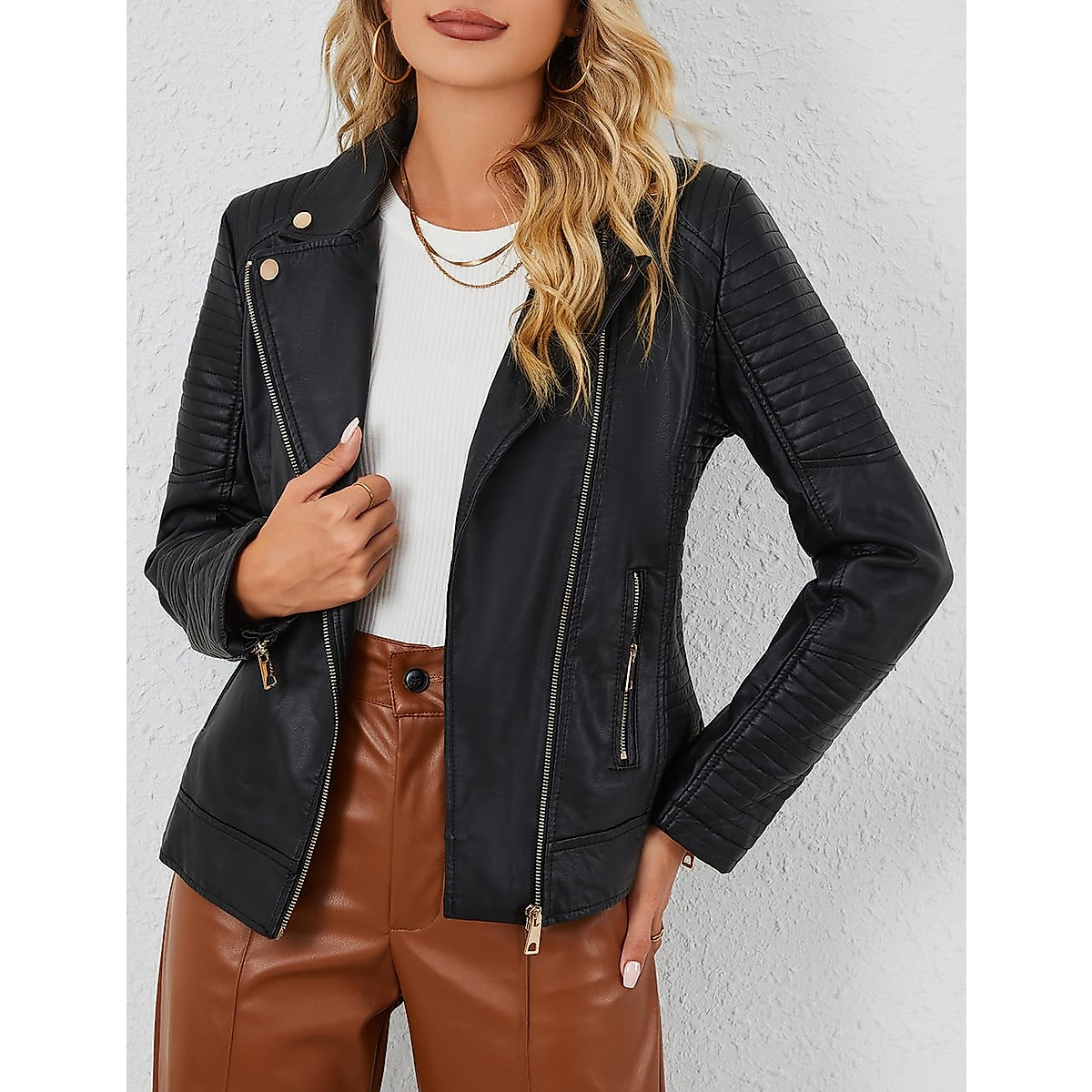 Bellivera Women Faux Leather Jacket Motorcycle Quilted Coat 53 Black S