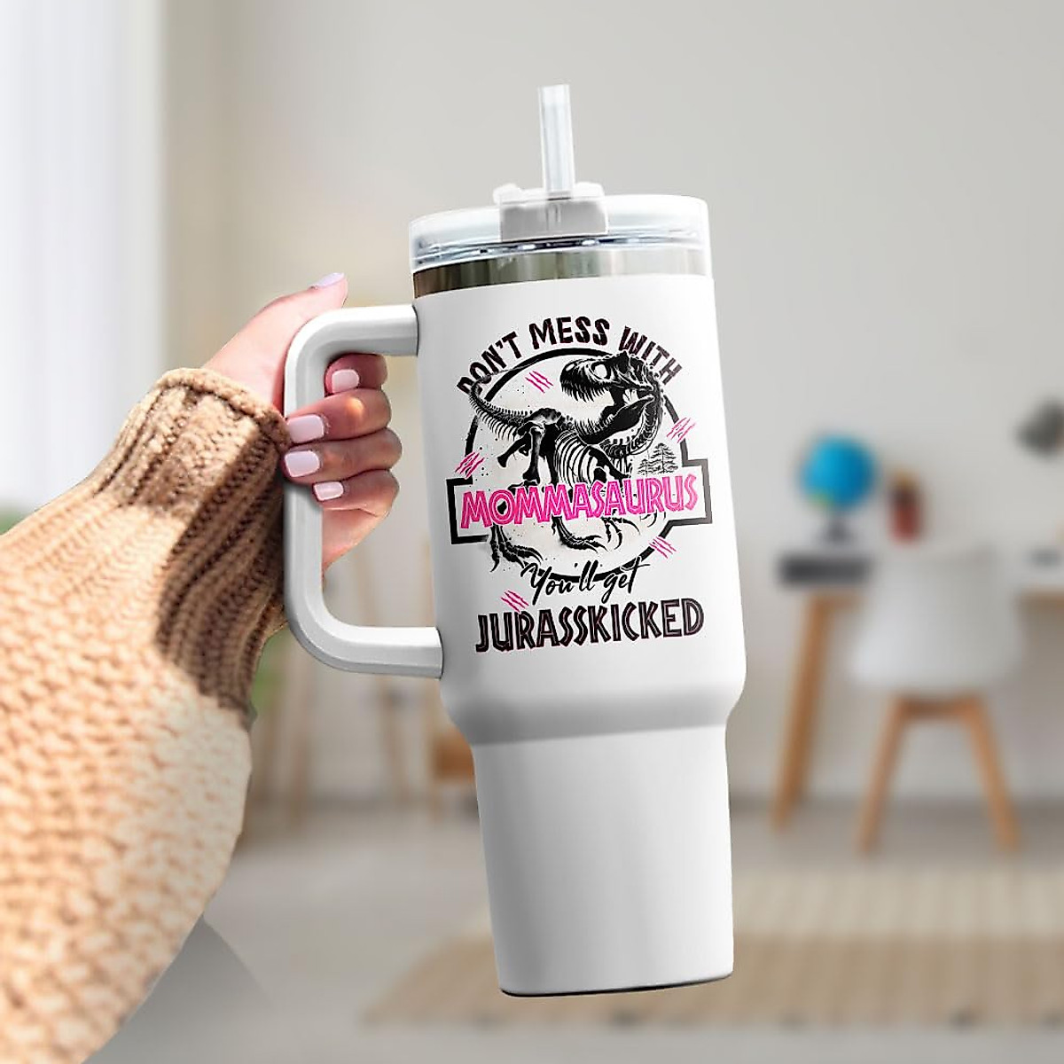 9GIFT4YOU Mommasaurus Gifts, Mom, Tumbler 40 Oz With Handle Lid And Straw, Mom Nutrition Facts Keep Drinks Cold Hot Dinosaur Leak Resistant Water Bottle, Mommasaurus Nutrition Facts