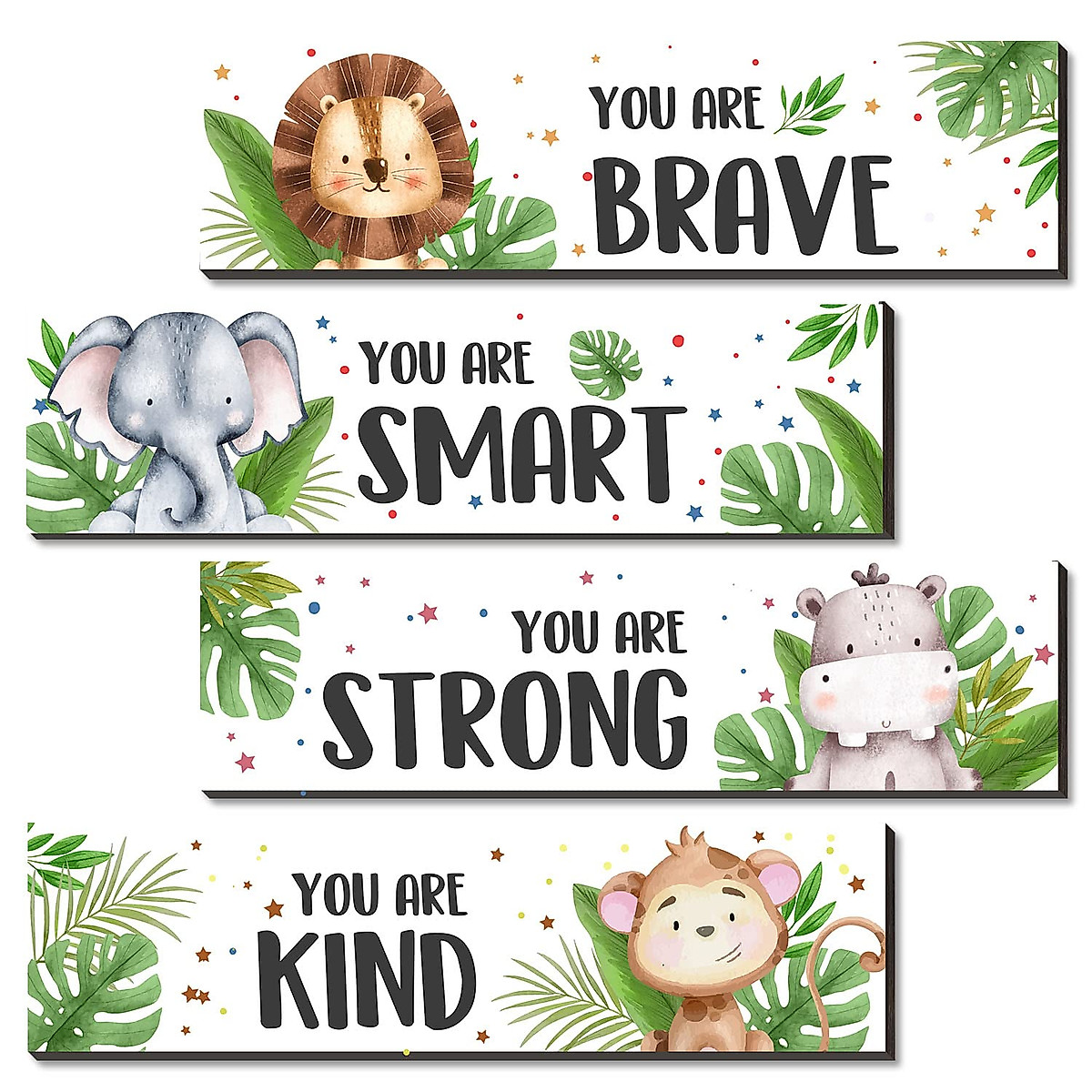 UBLURO 4 Pieces Jungle Animals Wall Art Decors - Motivational Wall Art，Jungle Animals Wooden Hanging Wall Prints Plaques，Jungle Animals Room Decor for Boys Room