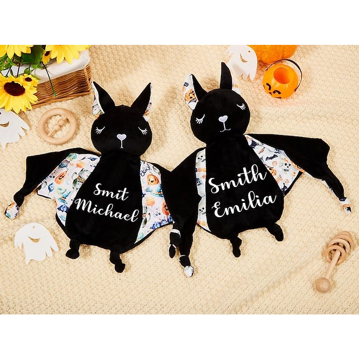 VTER Personalized Baby Bat Security Blankets Kids First, Plush Stuff with Name Kids Comforter Toy (Style: Cat)