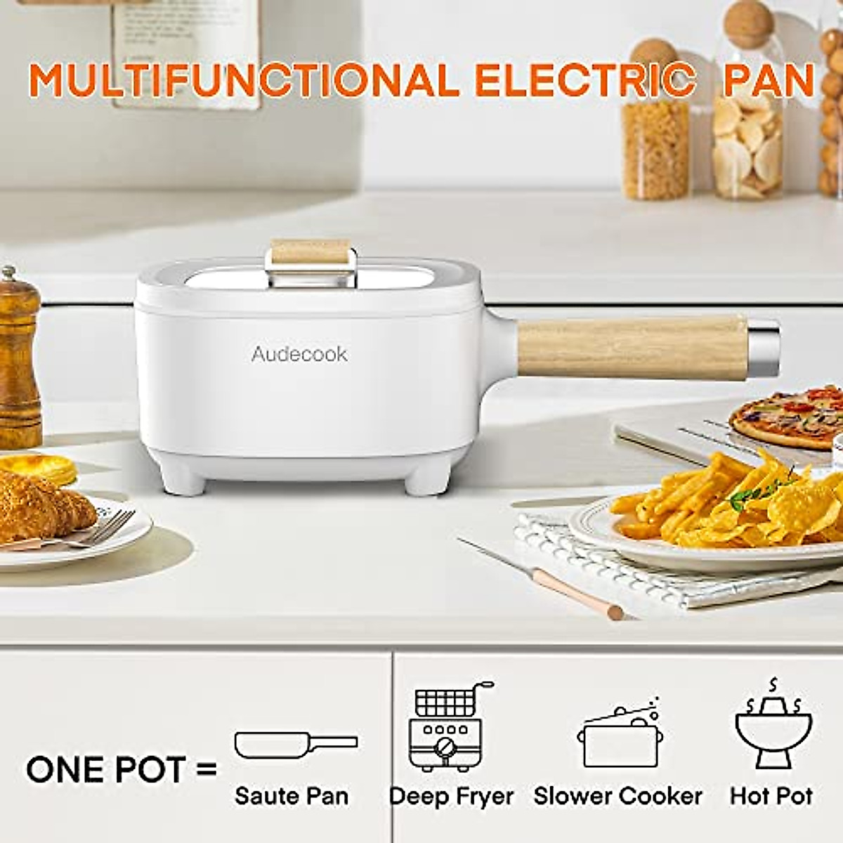 Audecook Hot Pot Electric 2L, Cermic Glaze Non-Stick Frying Pan 8 Inch, Portable Travel Cooker for Ramen/Steak/Fried Rice/Oatmeal/Soup, with Dual Power Control (Silicone Spatula Included)