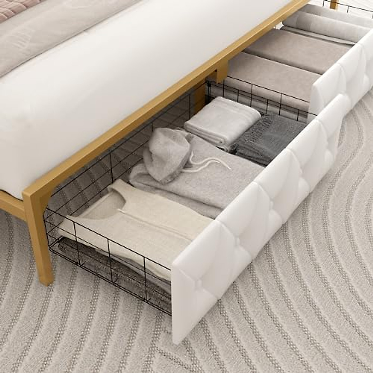 HITHOS Queen Bed Frame, Storage Headboard with Charging Station, Button Tufted Platform Bed with 2 Drawers, Upholstered Bed with 51.6" Tall Headboard, Gold Metal Frame, No Box Spring Needed, White