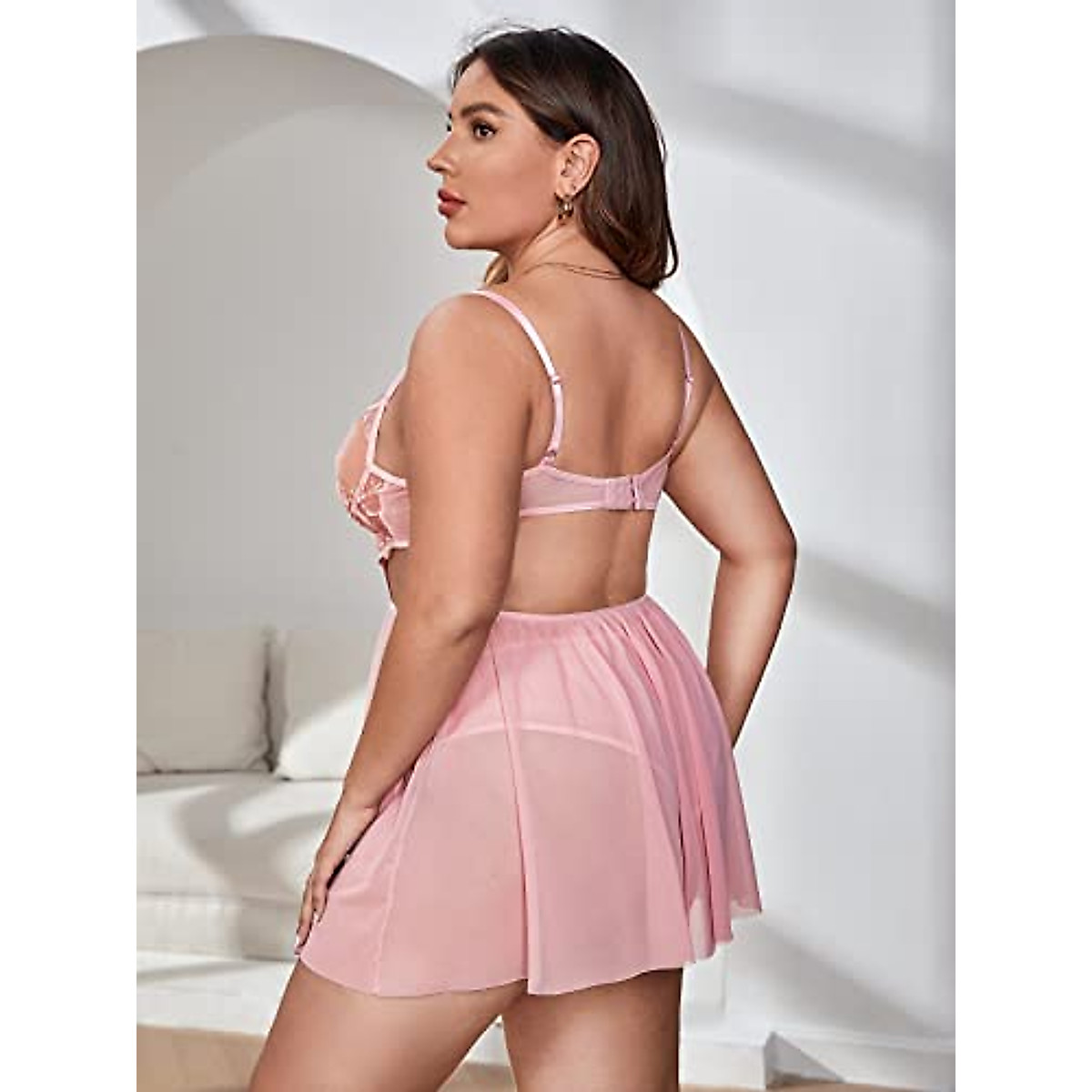 WDIRARA Women's Plus Floral Embroidery Cut Out See Through Babydoll Mesh Lingerie Slip with Panty Light Pink 3XL