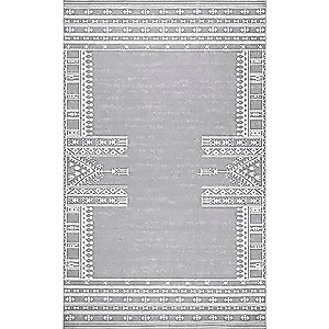 nuLOOM Joelle Machine Washable Tribal Geometric Border Ultra Thin Area Rug, 8' x 10', Light Grey