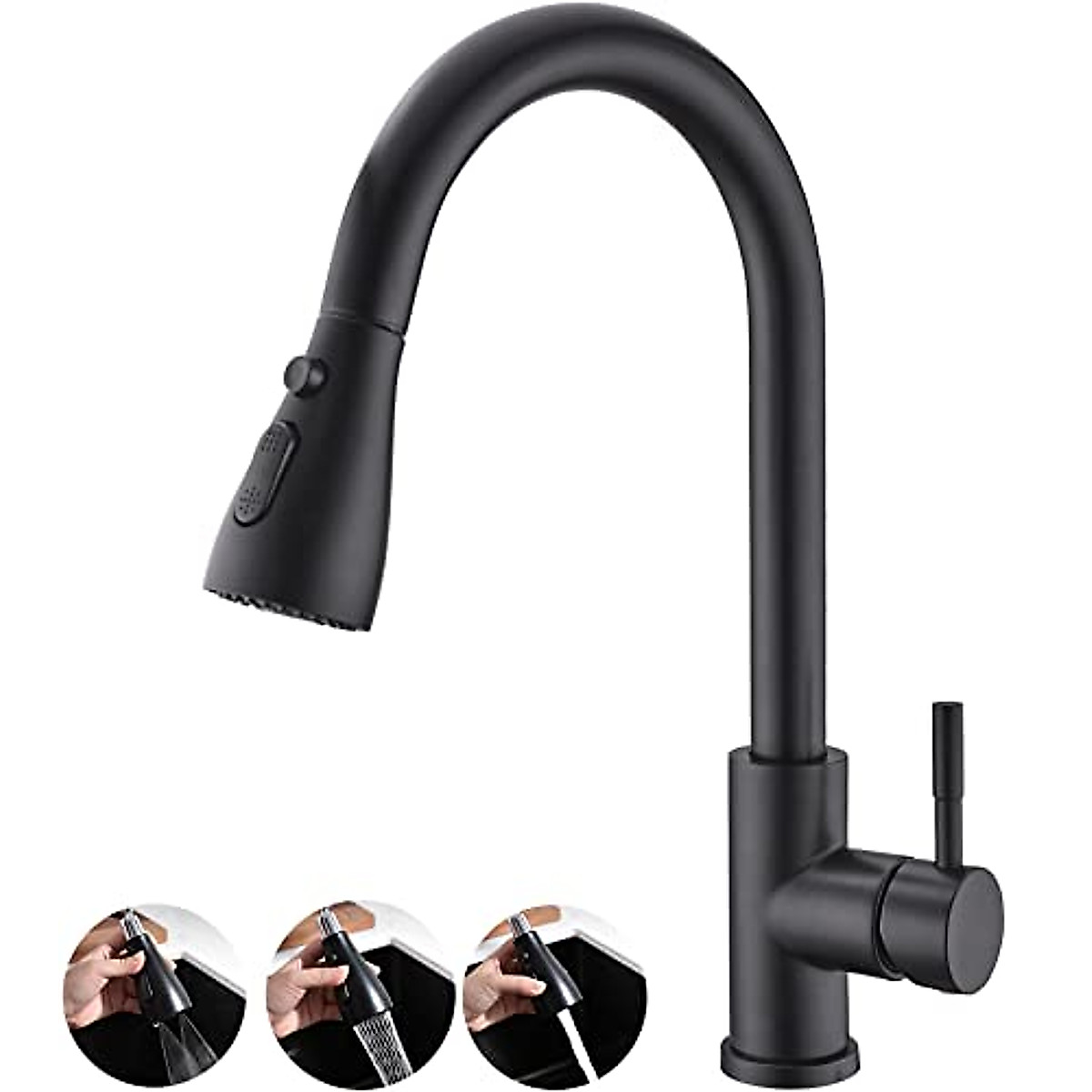 Kitchen Faucet with Pull Down Sprayer, Black Kitchen Faucet with 3 Functions Sprayer, Single Handle Stainless Steel Faucet for Kitchen Sink with Water Lines, Matte Black