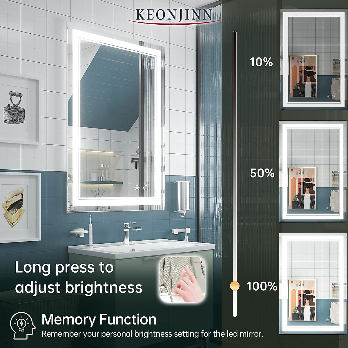 Keonjinn LED Mirror for Bathroom, 36 x 24 Inch, Wall Mounted, Dimmable, Anti-Fog, IP54 Waterproof, 3 Year Warranty