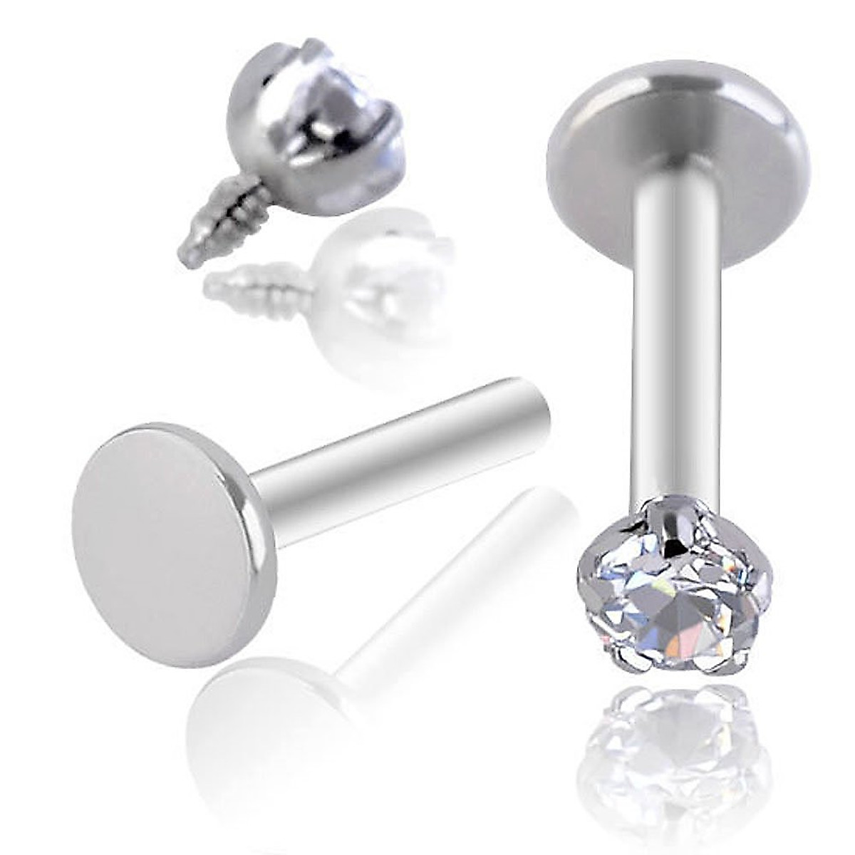 PiercingJ 2-4pcs 16g 316L Stainless Steel 3mm Cubic Zirconia Labret Monroe Lip Ring/Tragus/Helix Earring,6-12mm Bar Length 1