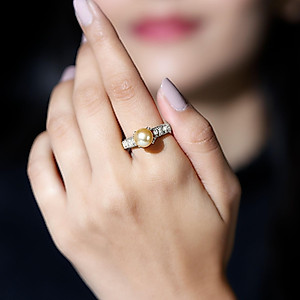 Rosec Jewels Natural Golden South Sea Pearl Solitaire Ring, Handpicked Certified 8MM Pearl Engagement Ring For Women, AAA Quality, 14K White Gold, Size:US 8.00