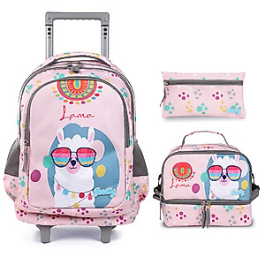 seastig Rolling Backpack 18in Double Handle Backpack Kids Wheeled Backpack Roller Backpack with Lunch Bag Set Girls Boys, Alpaca with Sunglasses
