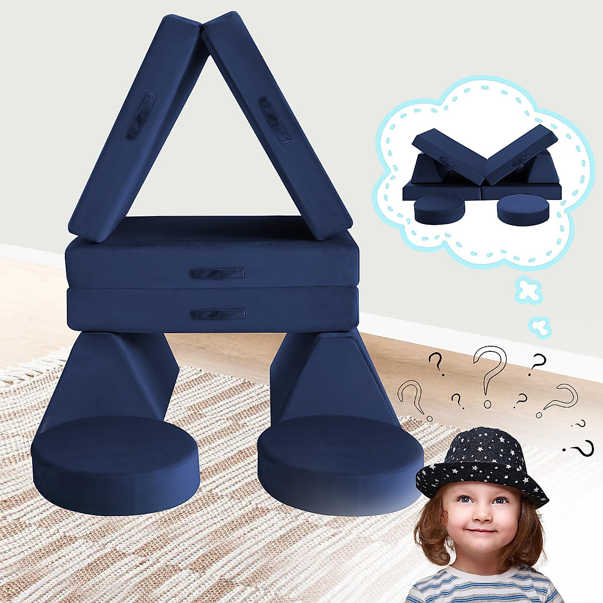 MeMoreCool Modular Kids Couch for Playroom, Navy Foam Play Couch for Toddlers, Building Fort Explorer Sofa