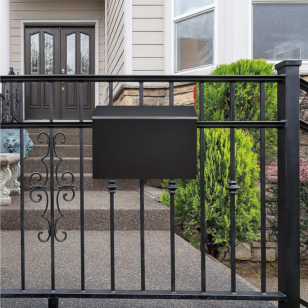 LAND·VOI Wall-Mount Mailbox with One Flag Kit and Three Sets of 0-9 Mailbox Number Stickers, Mailboxes for Outside, Galvanized Steel Rust-Proof Metal Post Box, 4.33" Dx14.2 Wx10.43 H, Black, AMB03B