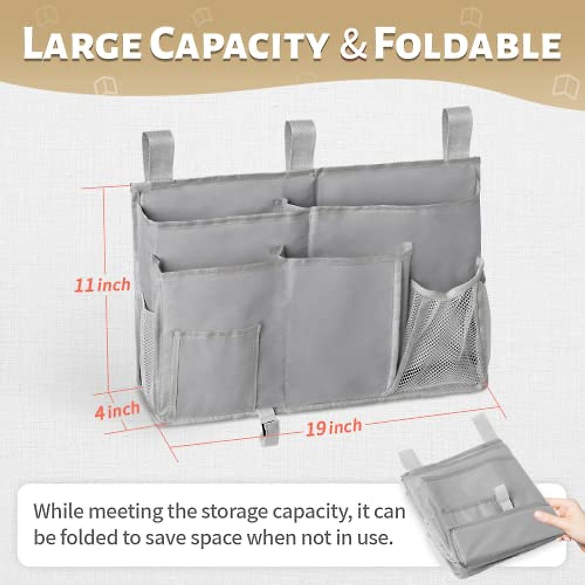 hizgo Bedside Caddy, Hanging Bedside Storage Organizer with 8 Pockets, Bunk Bed Organizer for College Dorm Room, Bunk/Loft Bed, Hospital Bed Rail, Camp (Grey)