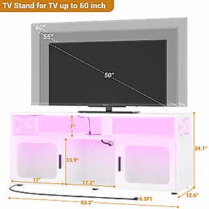 Aheaplus TV Stand for 55 60 Inch TV, Entertainment Center with LED Light & Charging Station, TV Console Table, Large Media Console Cabinet w/Soundbar Shelf, Cord Holes, for Living Room, Bedroom, White