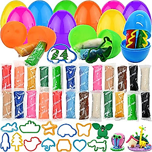 48PCS Easter Modeling Clay Kit, 12 Easter Eggs Filled with 24 Air Dry Clay Play Dough Butter Slime, 12 Tools for Kids Easter Eggs Hunt Event, Easter Basket Stuffers Fillers, Easter Gift Party Favor