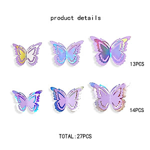 pinkblume Iridescent Purple Butterfly Decorations Stickers Lavender 3D Butterfies Wall Art Removable Wall Decals for Mermaid Pastel Home Living Room Baby Bedroom Showcase Nursery Decor (27PCS)