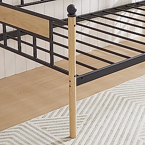 Tensun Twin Size Daybed with Trundle,Metal & Wood Trundle Day Bed Frame for Bedroom Living Room, Steel Slat Support/No Spring Box Needed, Black+Natural