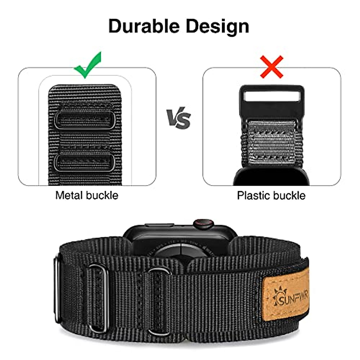SUNFWR Compatible with Apple Watch Band 42mm 44mm 45mm 49mm 38mm 40mm 41mm, Rugged Replacement Velcro Strap With Three Buckle Loop Design Tough Nylon Band For iWatch Ultra Series 9/8/7/6/5/4/3/2/1/SE