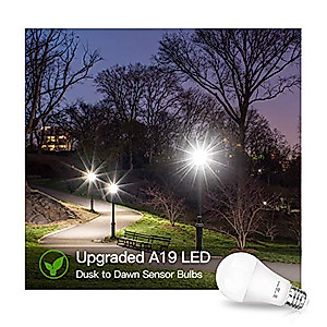 SHINE HAI Dusk to Dawn Light Sensor Bulbs, A19 12W(100 Watt Equivalent) LED Auto On Off Light Bulbs, 1200 Lumens, E26 Base, Daylight White 5000K Bulbs Outdoor for Porch Garage Yard, 4-Pack
