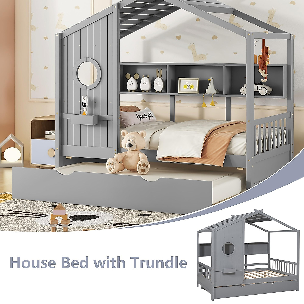 HUMEHA Twin Bed Frames for Kids, House Bed with Trundle and Shelves, Wood Playhouse Platform Bed Frame with Window and Fence for Boys Girls, Gray, 74.4" L x 42.7" W x 72" H