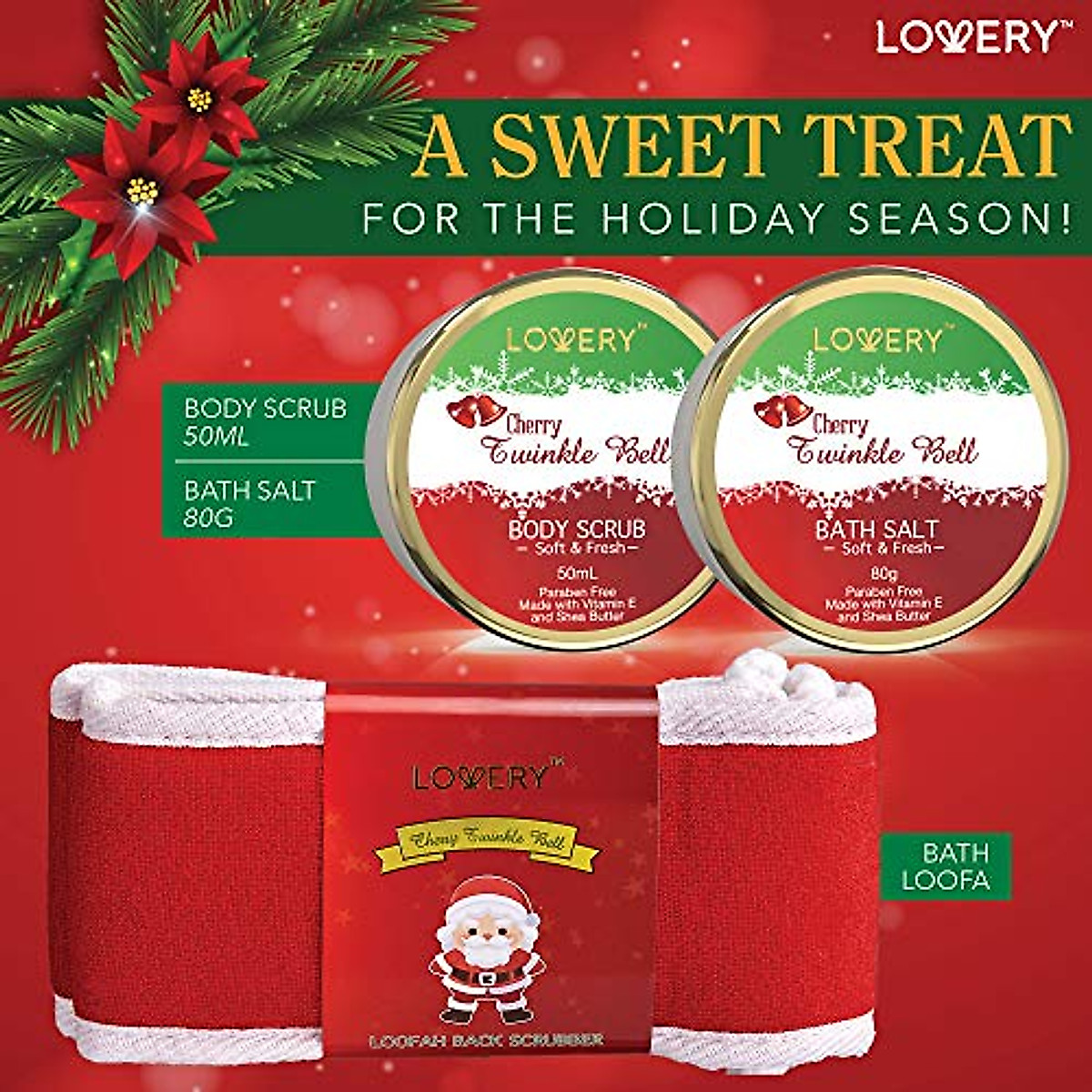 Bath and Body Christmas Gift Basket For Women and Men – Cherry Twinkle Bell Home Spa Set, Includes Fragrant Body Lotions, Bath Salts, Stocking Stuffer, Loofah Scrubber and More