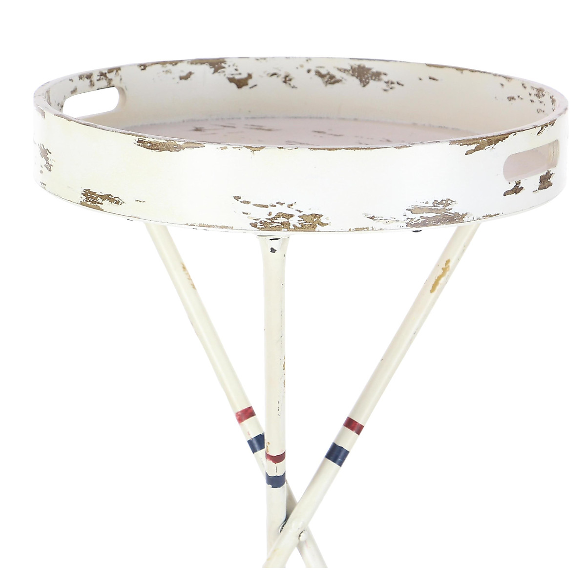 Deco 79 Metal Paddle Side End Accent Table Distressed Striped End Table with Navy and Red Striped Oar Legs, Side Table 16" x 16" x 28", White