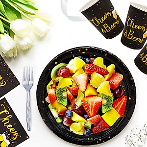 61Pcs Cheers Beer Party Supplies,Black and Gold Party Supplies Set (Plates,Napkins,Cups,Tablecloth)Cheers Beers and Beer Mugs Design,for 90th 80th 70th 60th 50th 40th 30th Cheers Party Decorations