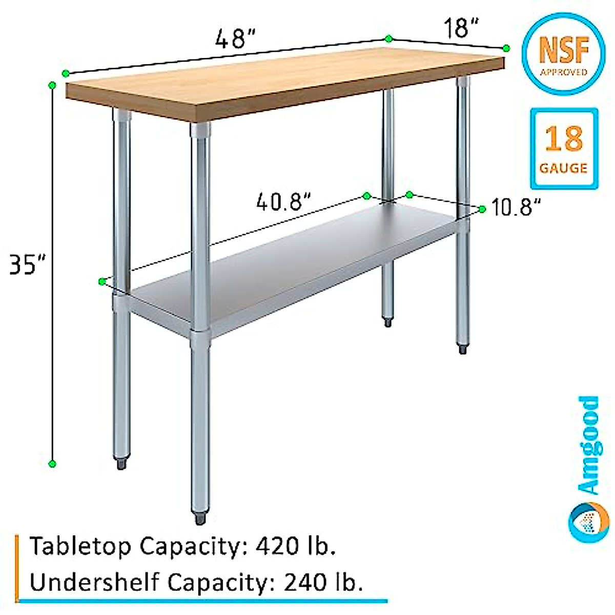 AmGood 18" x 48" Maple Wood Top Work Table with Adjustable Undershelf
