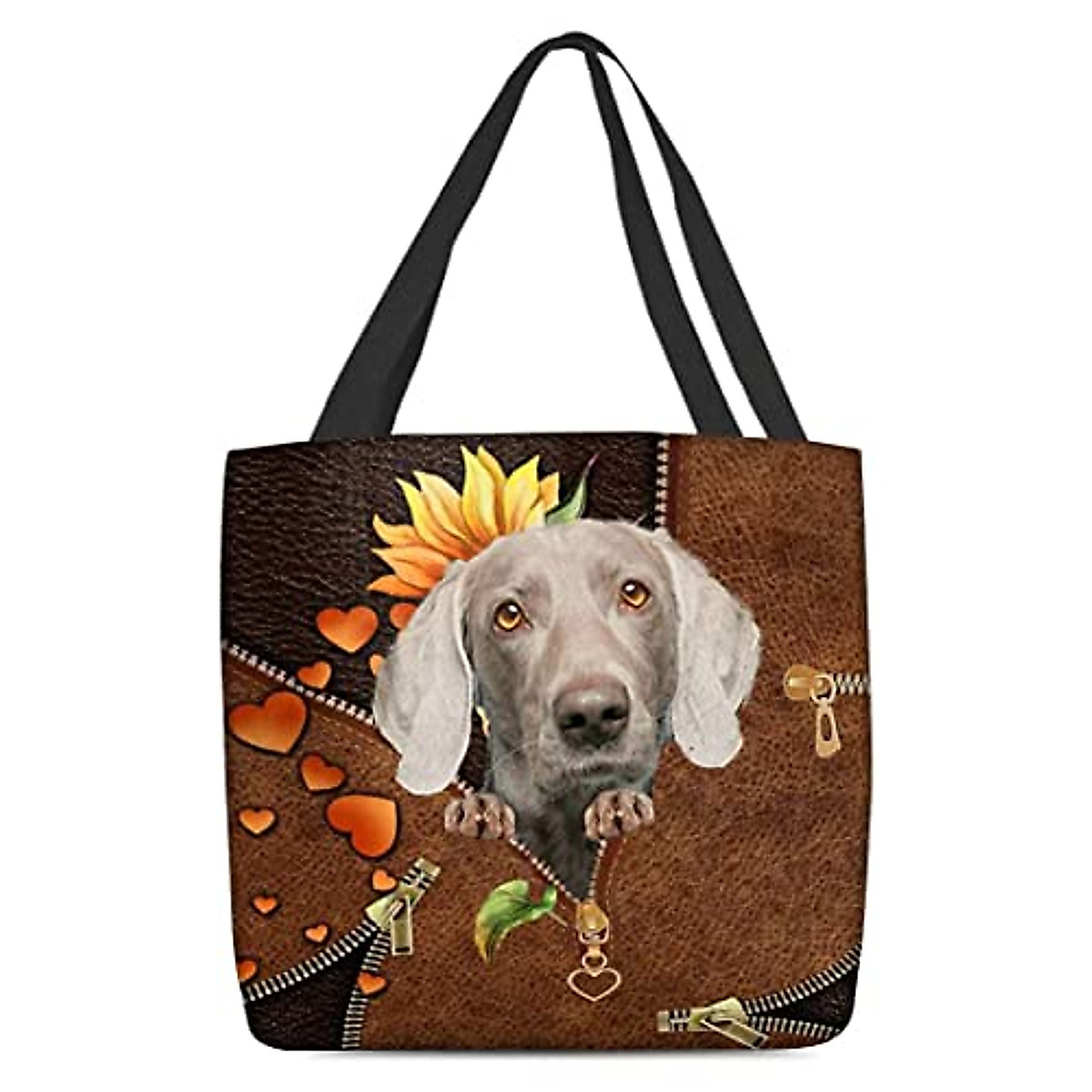 Weimaraner Dog And Sunflower Zipper Leather Pattern Tote Bag, Casual Handbag For Weimaraner Lover Gift, Reuseable Grocery Bag