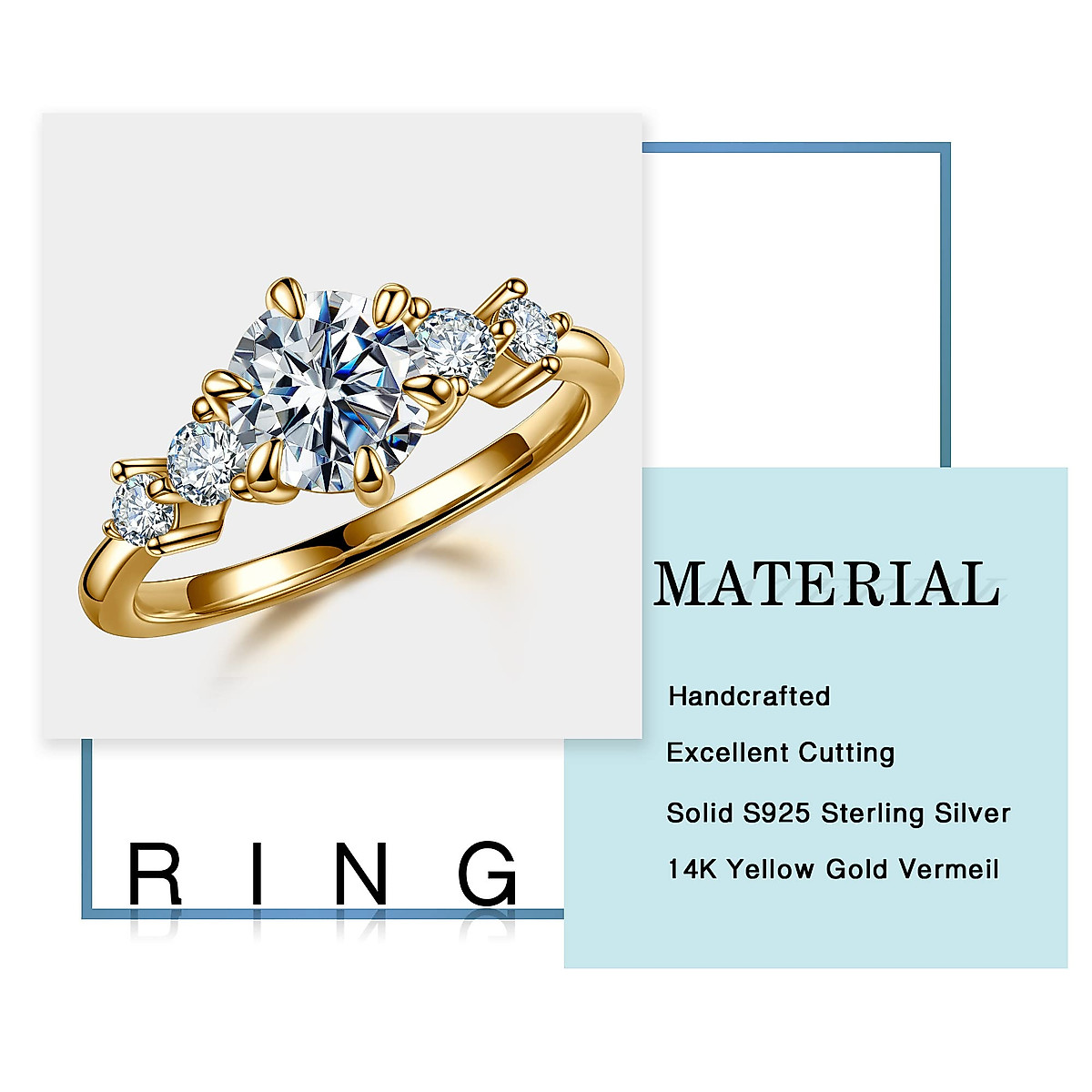 MOOSEA Round 5 Stone Moissanite Anniversary Rings for Women, 1.2CT D Color VVS1 Clarity Lab Created Moissanite Ring 14K Yellow Gold Vermeil Moissanite Engagement Rings for Women Promise Rings